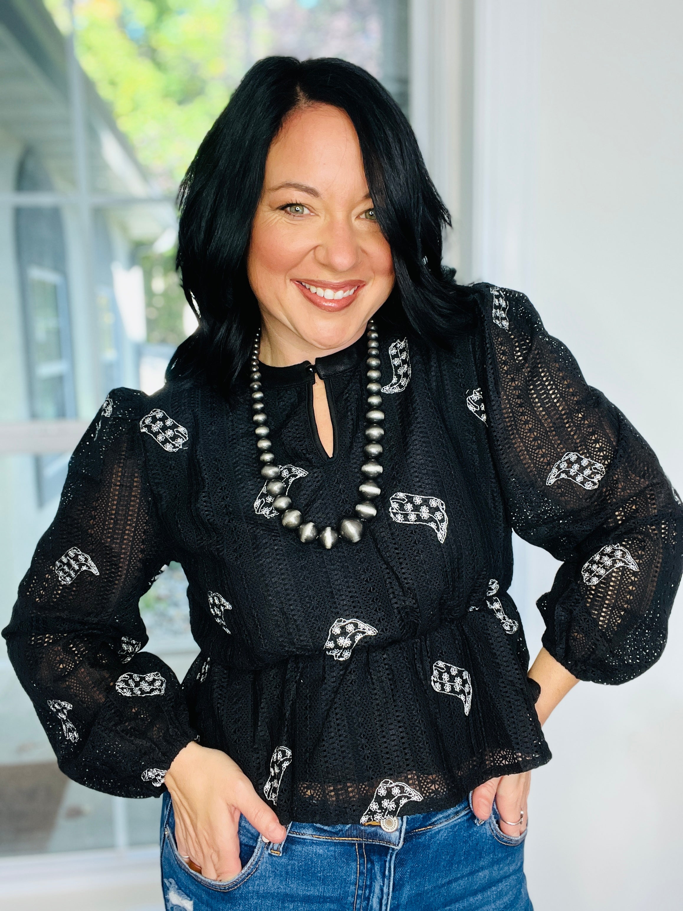 Boot Scootin' Crochet Blouse | Western Black Blouse Boot Design ...